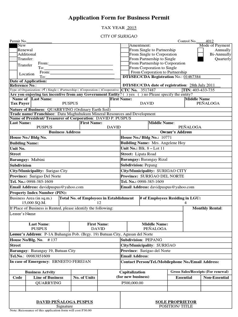 Application Form For Business Permit | PDF | Government Information ...