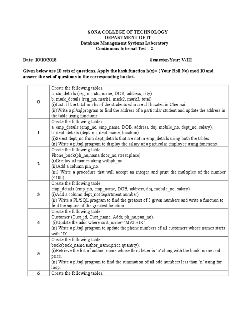 Database Management Systems Laboratory - Continuous Internal Test 2 ...