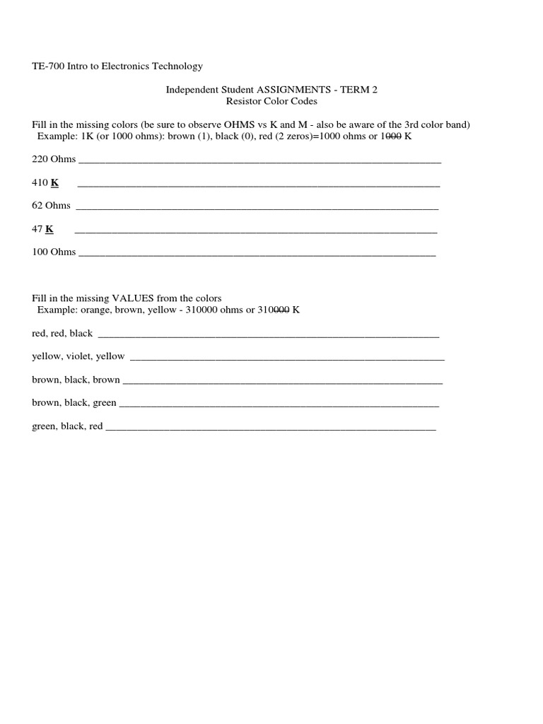 Resistor Color Code Worksheet | PDF