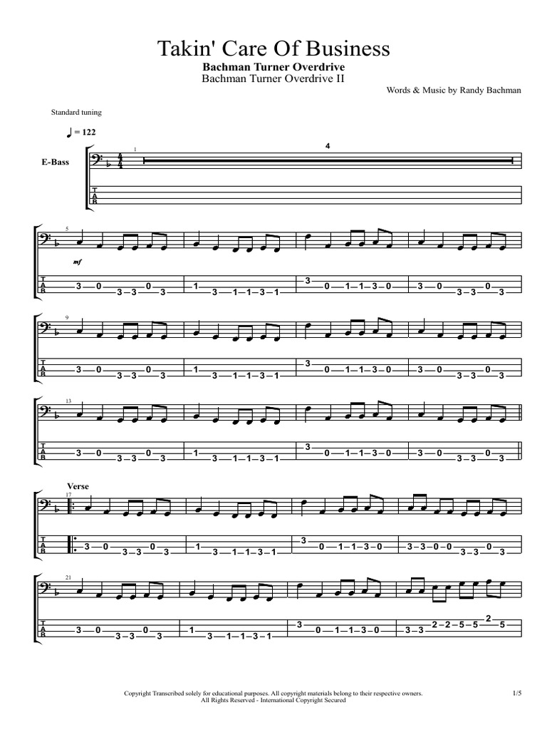 Bachman Turner Overdrive Takin' Care of Business - Bass | PDF | Songs | Rock Music