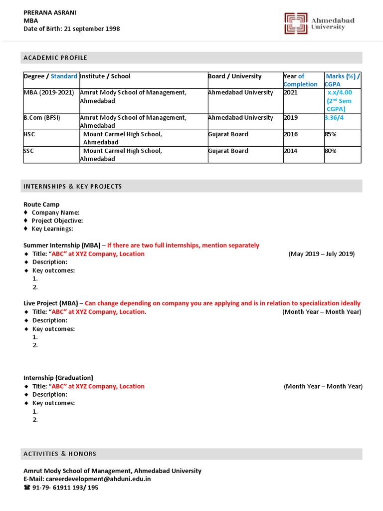 AU PG Resume Template MBA | PDF