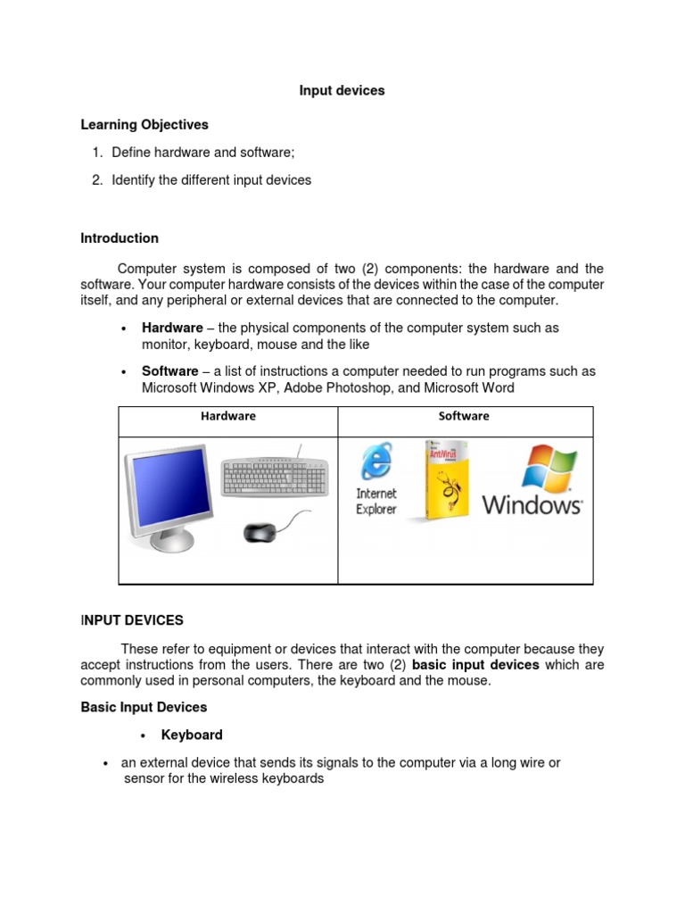 Learning Objectives: Input Devices | PDF | Computer Keyboard | Personal Computers