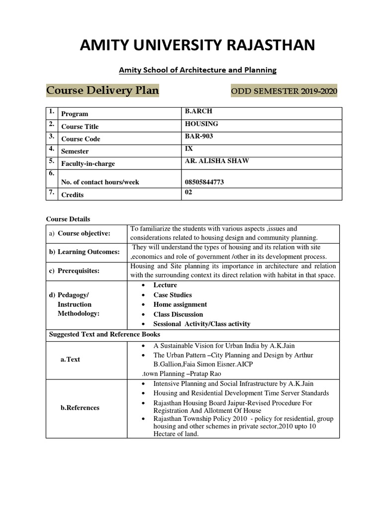 Amity University Rajasthan: Course Delivery Plan | PDF | Urban Planning ...
