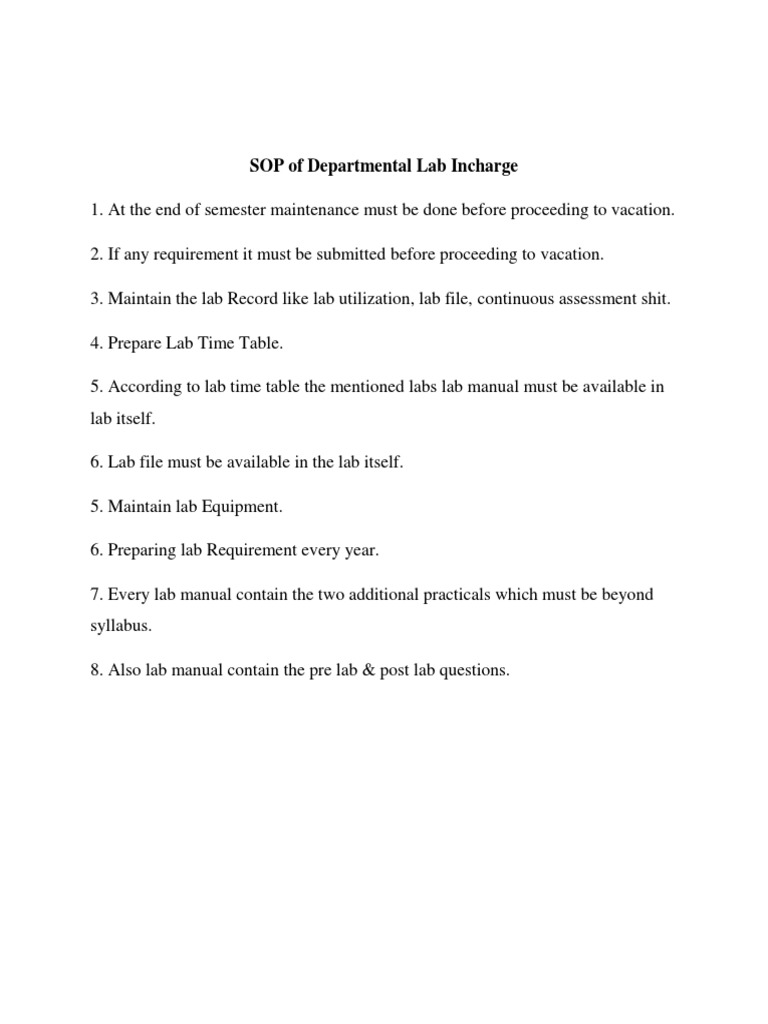 SOP of Departmental Lab Incharge | PDF