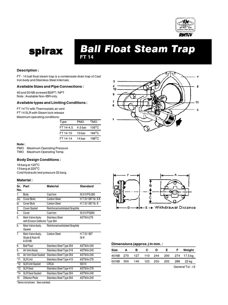 Spirax Marshall Ball Float Steam Trap | PDF | Valve | Cast Iron