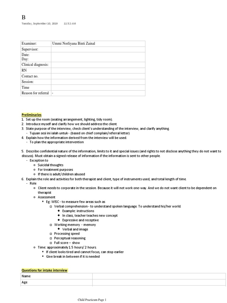Intake Interview | PDF | Traumatic Brain Injury | Psychiatry Related Fields
