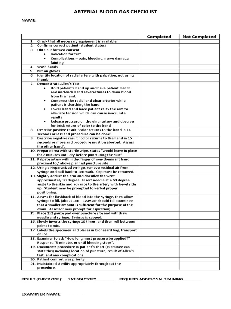 Arterial Blood Gas Procedure Checklist | PDF | Syringe | Hand