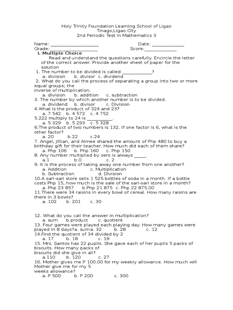 I. Multiple Choice | PDF | Division (Mathematics) | Numbers