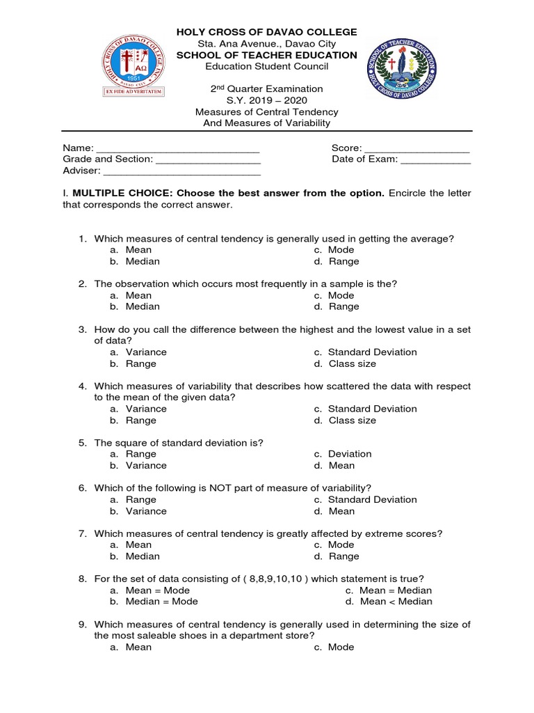 TQ (70 Items) | PDF | Arithmetic Mean | Median