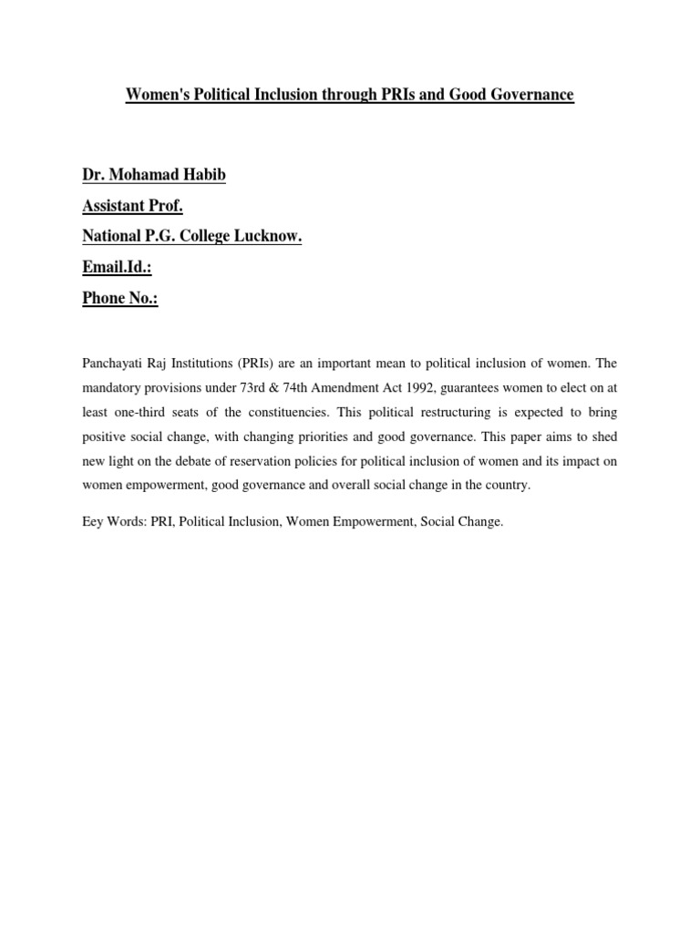 Women'S Political Inclusion Through Pris and Good Governance | PDF ...