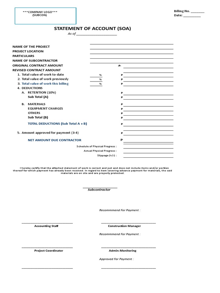 Statement of Account (Soa) | PDF | Construction Management | Economic Sectors