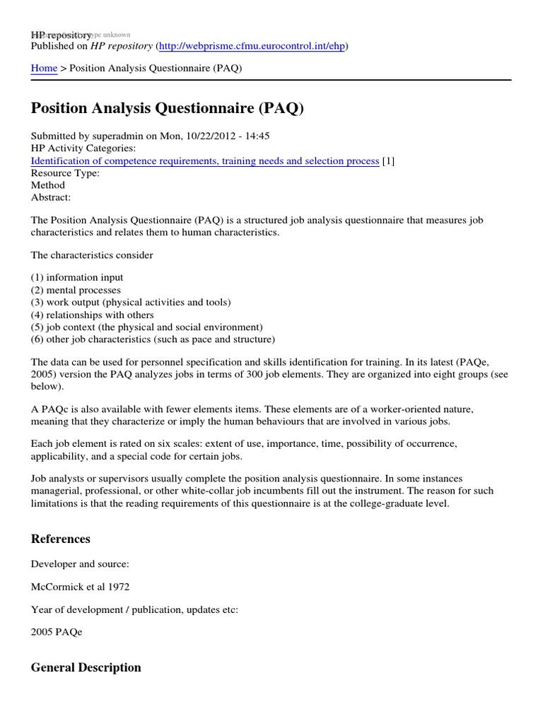 Position Analysis Questionnaire (PAQ) : References | Download Free PDF ...