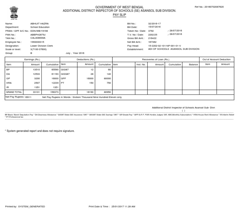 Additional District Inspector of Schools (Se) Asansol Sub Division. Pay ...