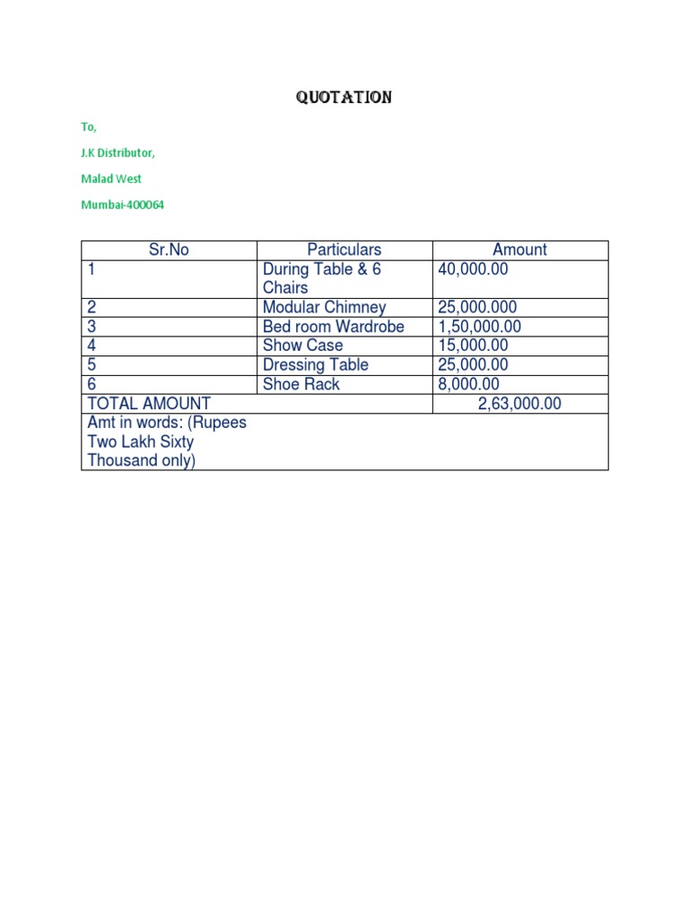 Quotation for Furniture and Fixtures | PDF