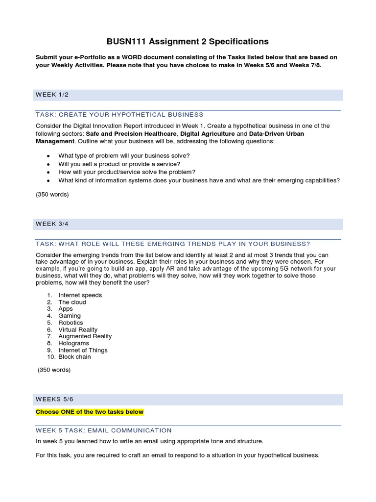 BUSN111 Assignment 2 Specifications: Task: Create Your Hypothetical ...
