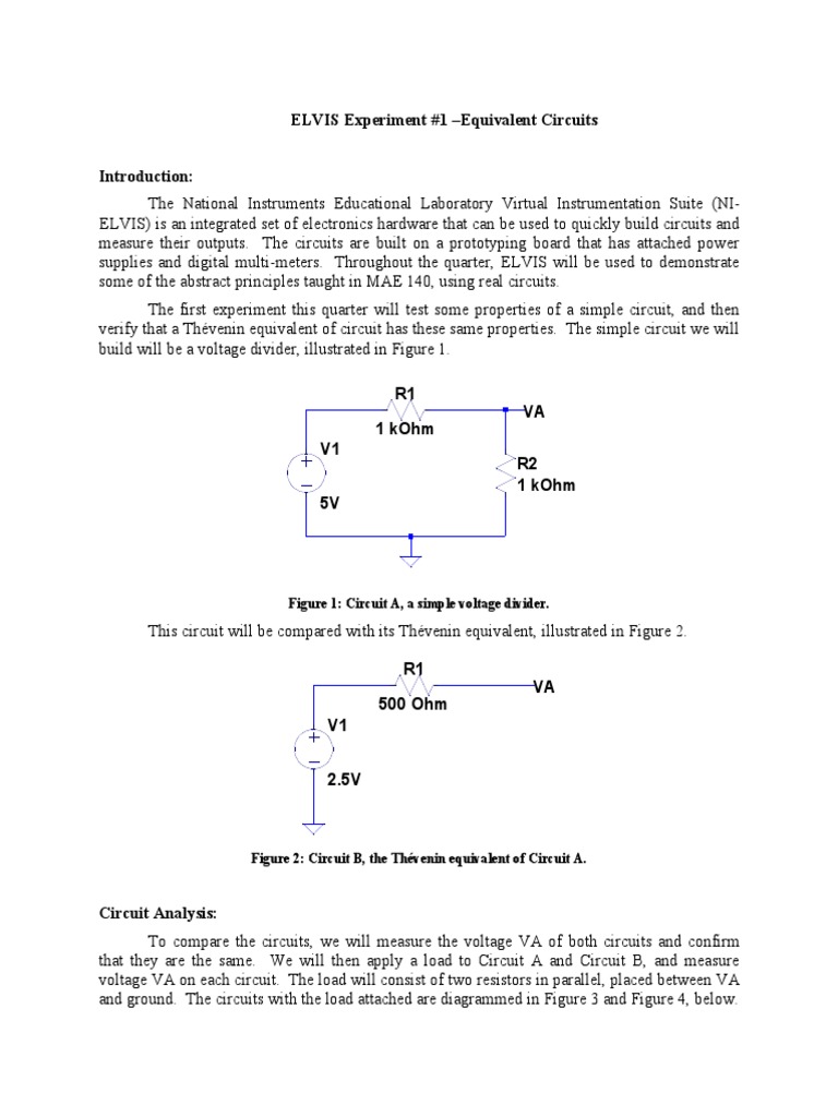 Elvis Experiment #1 - Equivalent Circuits: R1 1 Kohm R2 1 Kohm V1 5V Va ...