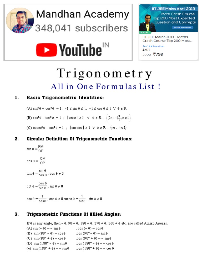 Trigonometry: All in One Formulas List ! | PDF | Trigonometric ...
