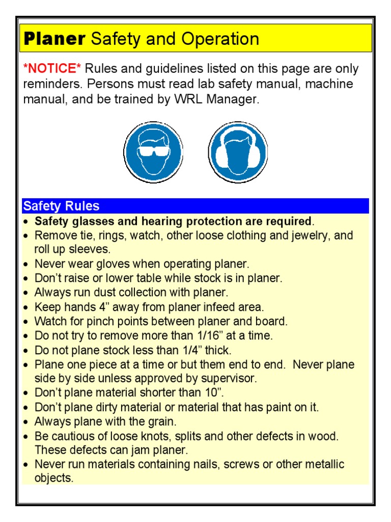 Planer Safety and Operation: Notice | PDF