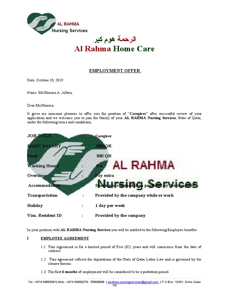 Sherma A. Alfaro-Offer Letter PDF | PDF | Sick Leave | Home Care