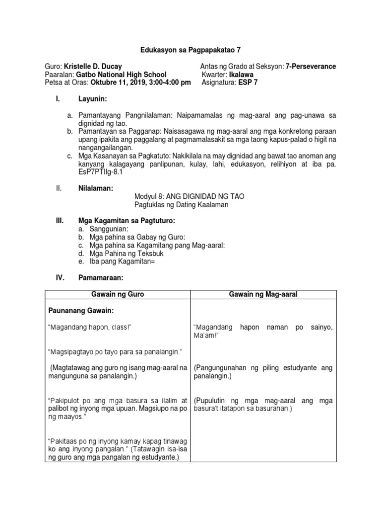 Esp Detailed Lesson Plan For Cot | PDF