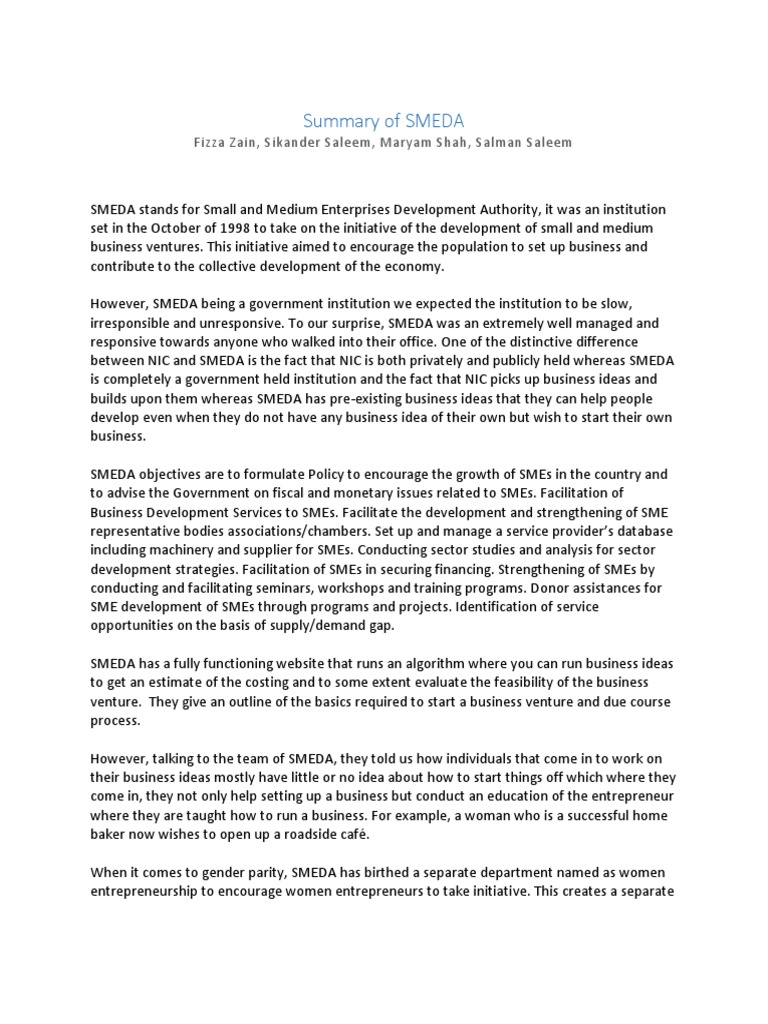 Summary of SMEDA: Fizza Zain, Sikander Saleem, Maryam Shah, Salman ...