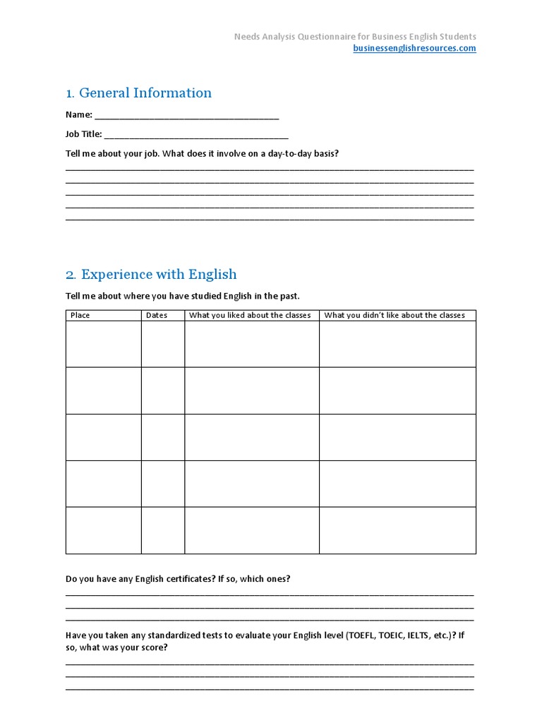 Needs Analysis Questionnaire For Business English Students | PDF ...