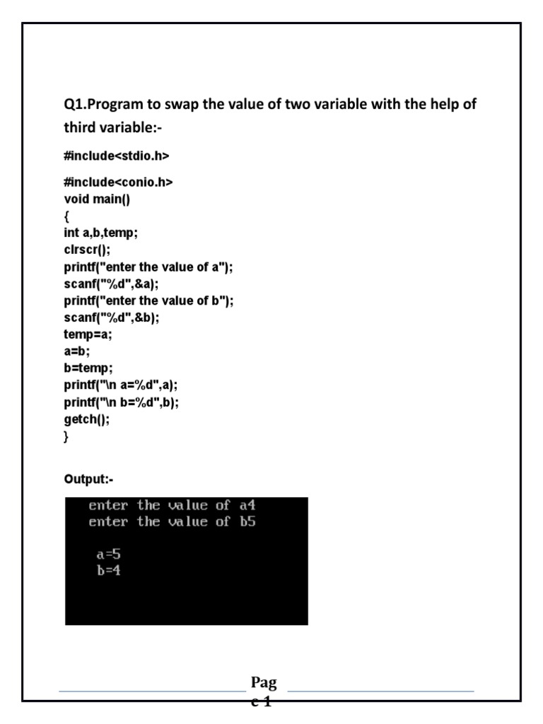 Q1.Program To Swap The Value of Two Variable With The Help of Third ...