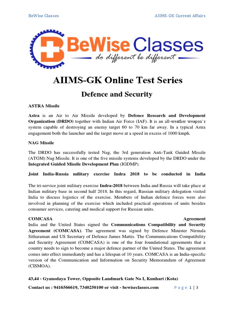 Defence and Security: Bewise Classes Aiims-Gk Current Affairs | PDF ...