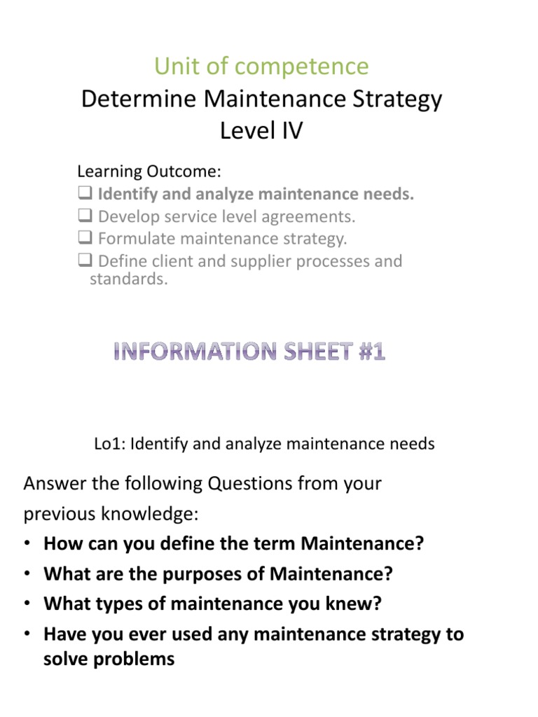 Determine Maintenance Strategy Level IV: Unit of Competence | PDF ...