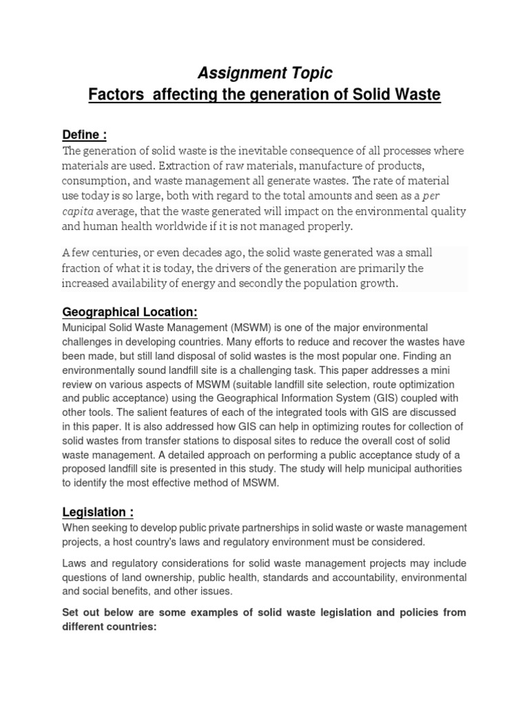 Factors Affecting The Generation of Solid Waste: Assignment Topic | PDF ...