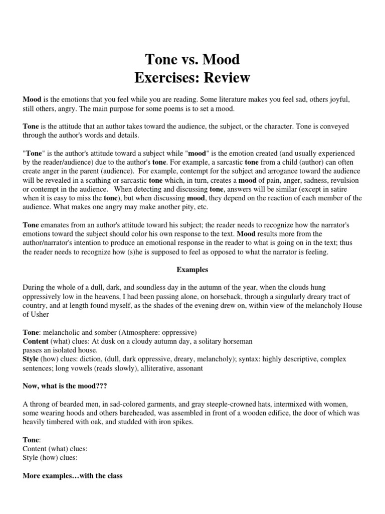 Tone vs. Mood: Exercises & Analysis | PDF | Subjective Experience ...