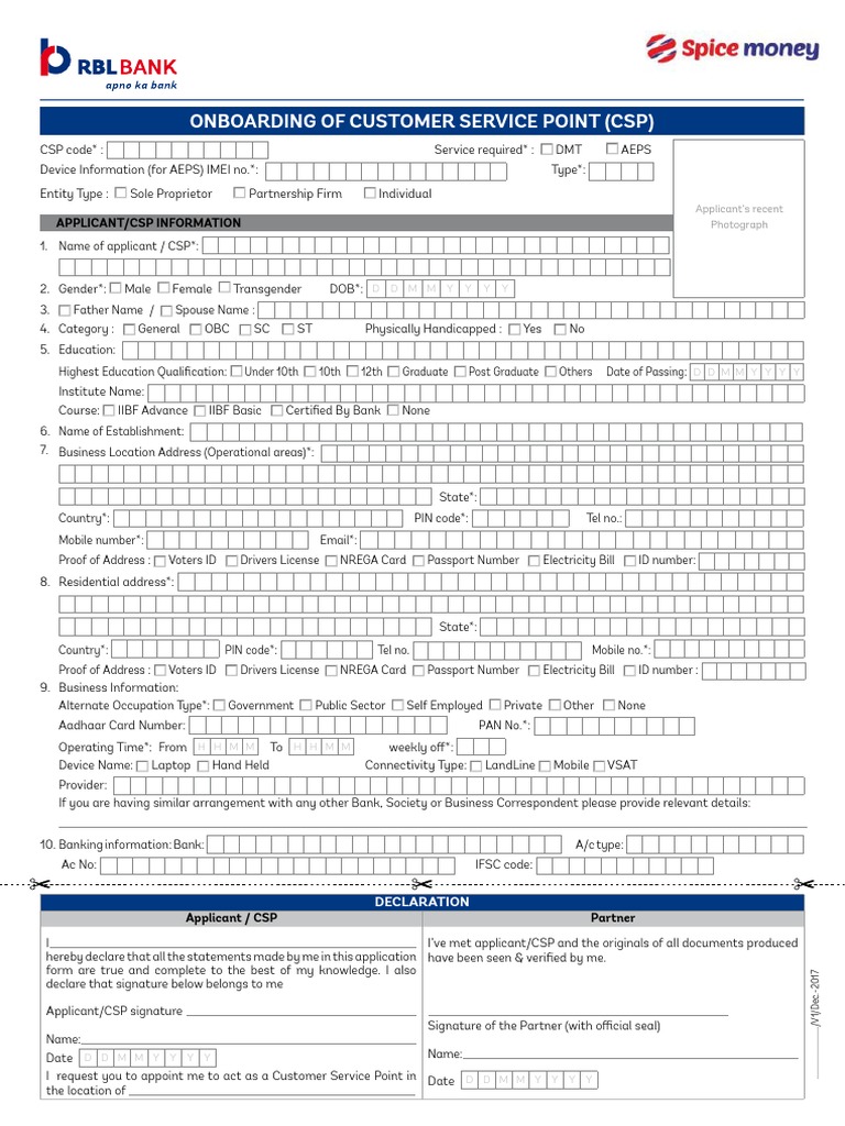 RBL - Onboarding of Customer Service Point (CSP) - Editable | PDF ...