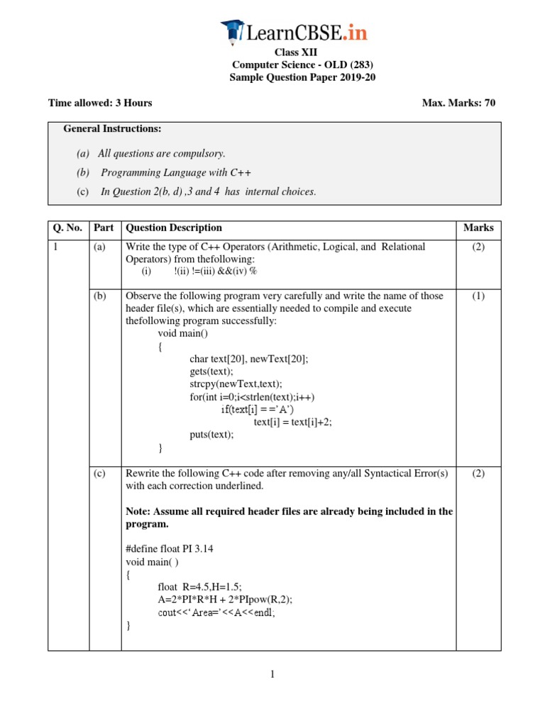 CBSE Sample Question Papers For Class 12 Computer Science Old 2020 ...