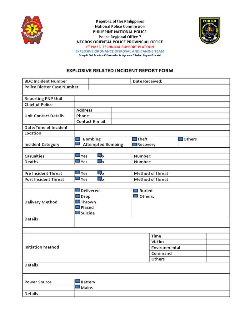 Explosive Related Incident Form | PDF | Bomb | Bomb Disposal