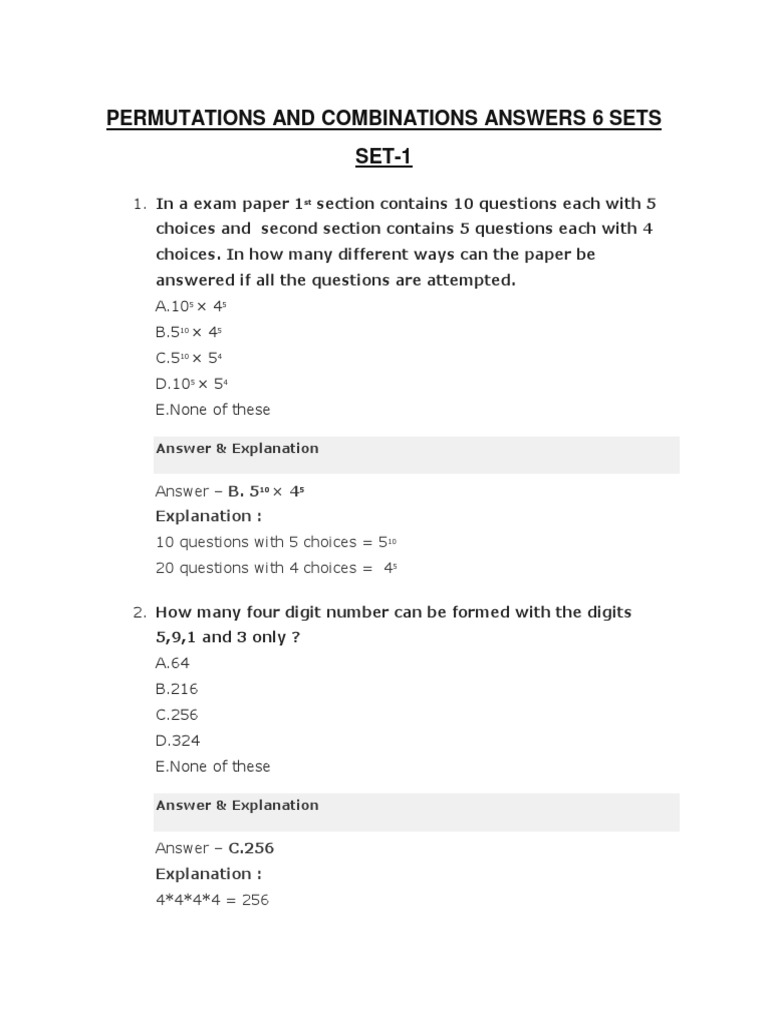 Permutations and Combinations Answers 6 Sets | PDF | Leisure | Teaching ...
