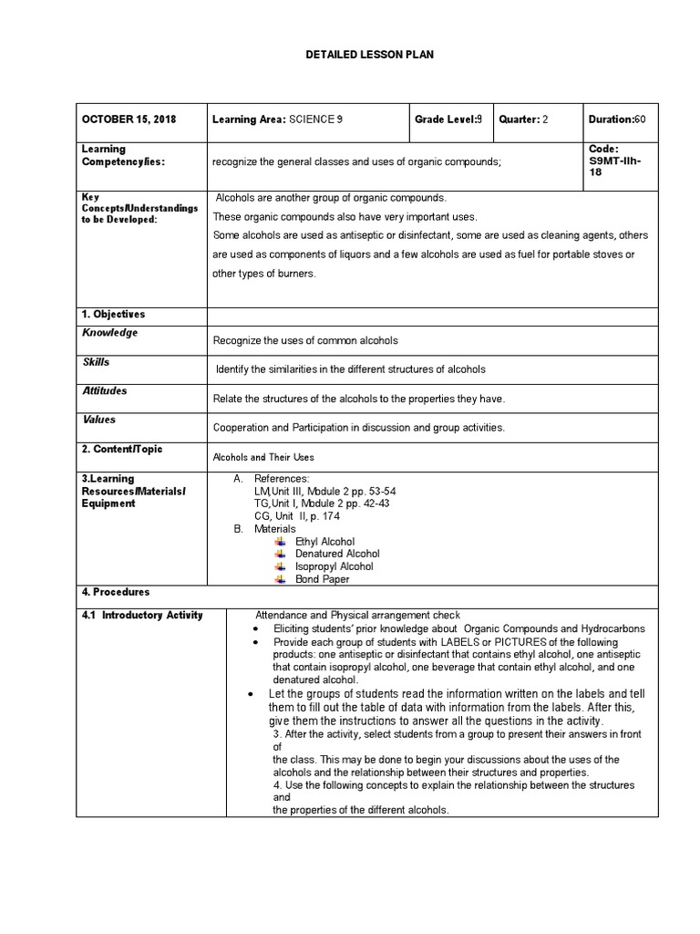 Detailed Lesson Plan: Knowledge Skills Attitudes Values | PDF | Ethanol ...