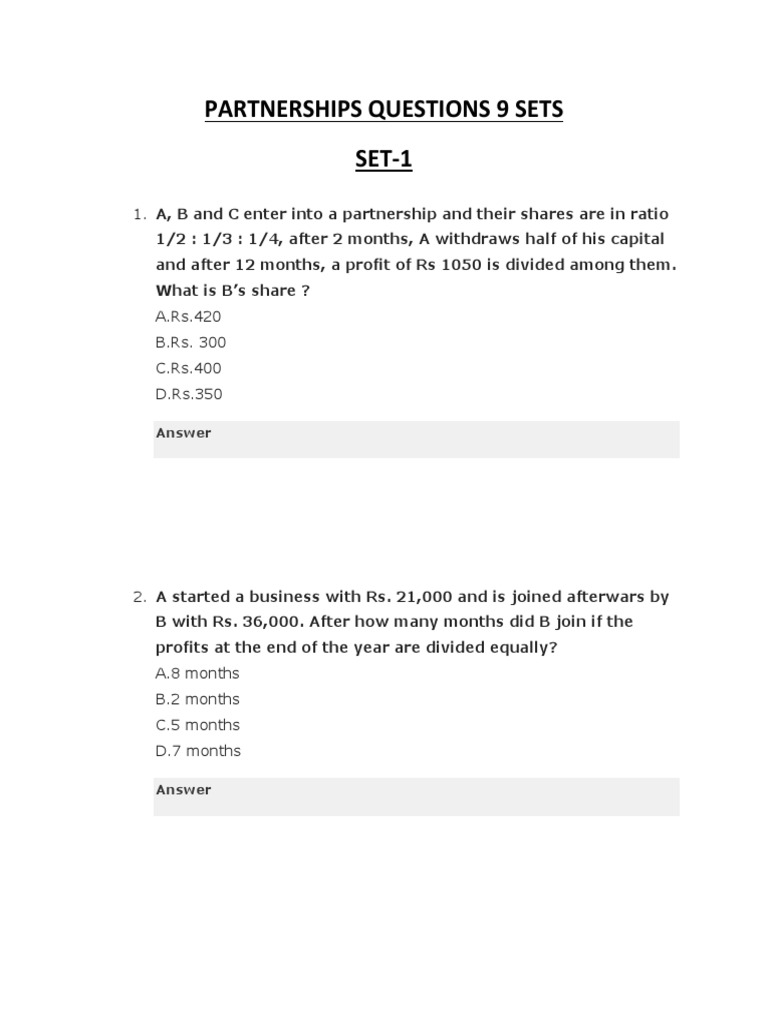 Partnerships Questions 9 Sets | PDF | Partnership | Investing