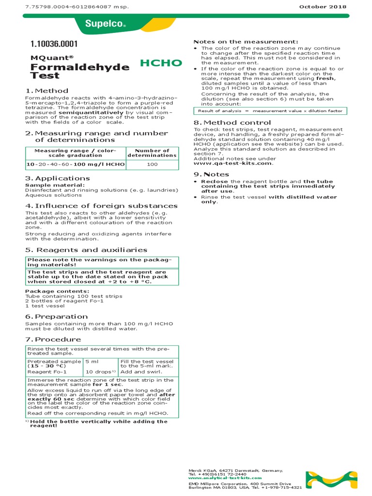 Formaldehyde Test: Mquant | Download Free PDF | Formaldehyde | Chemistry