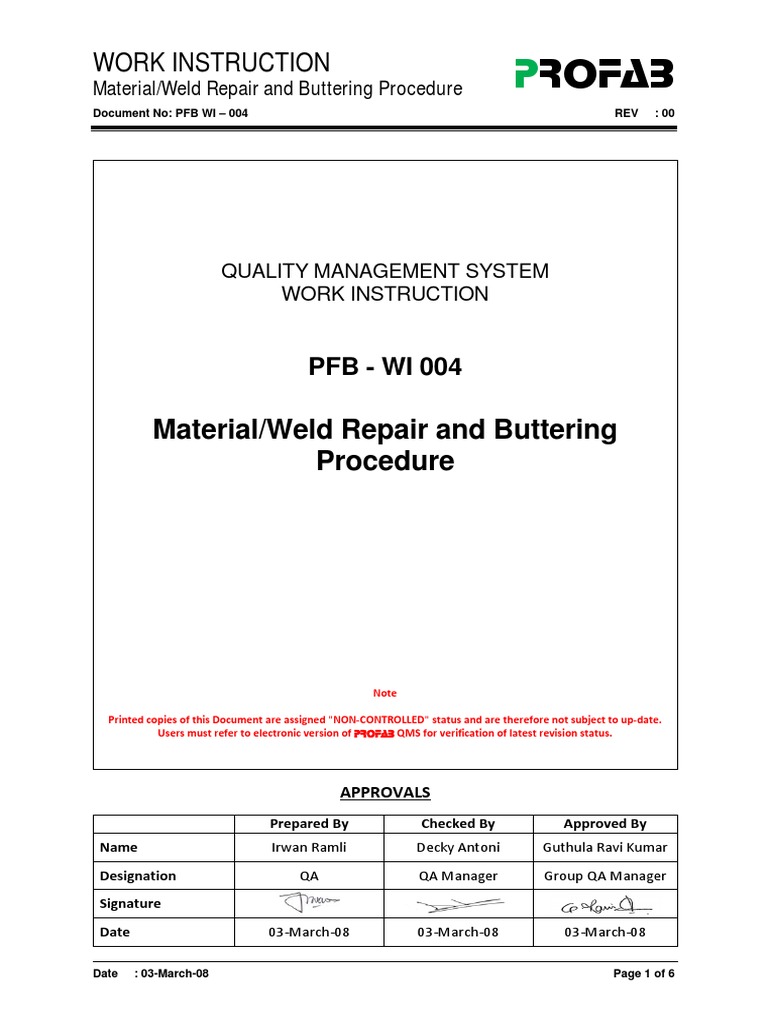 PFB - WI 004 - Material-Weld Repair & Buttering Procedure - R1 PDF ...