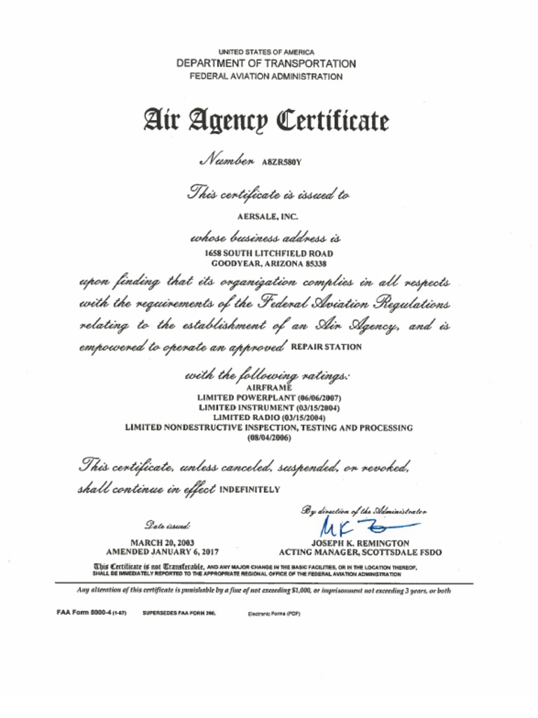 FAA Issued Air Agency Certificate and Ops Specs GYR | PDF