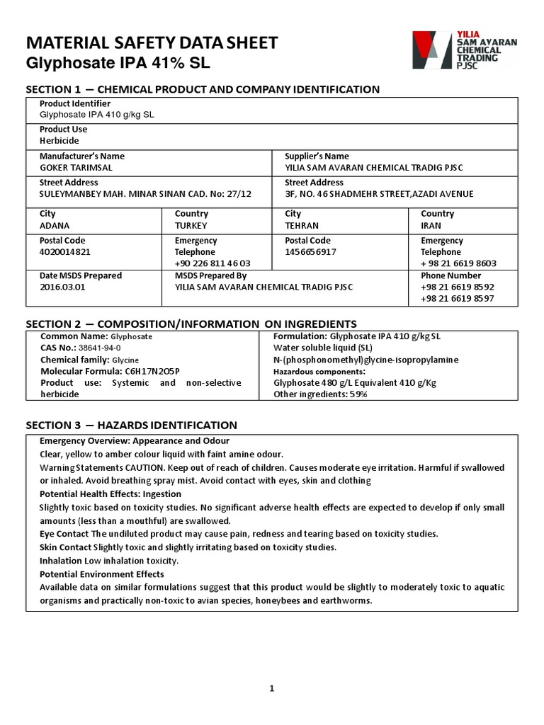 Glyphosate Goker MSDS 1 | PDF | Toxicity | Firefighting