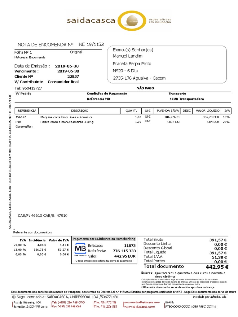Nota De Encomenda Nº NE 19/1153: Exmo.(s) Senhor(es) Manuel Landim Data ...
