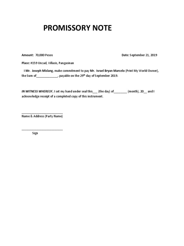 Promissory Note for 70,000 Pesos | PDF