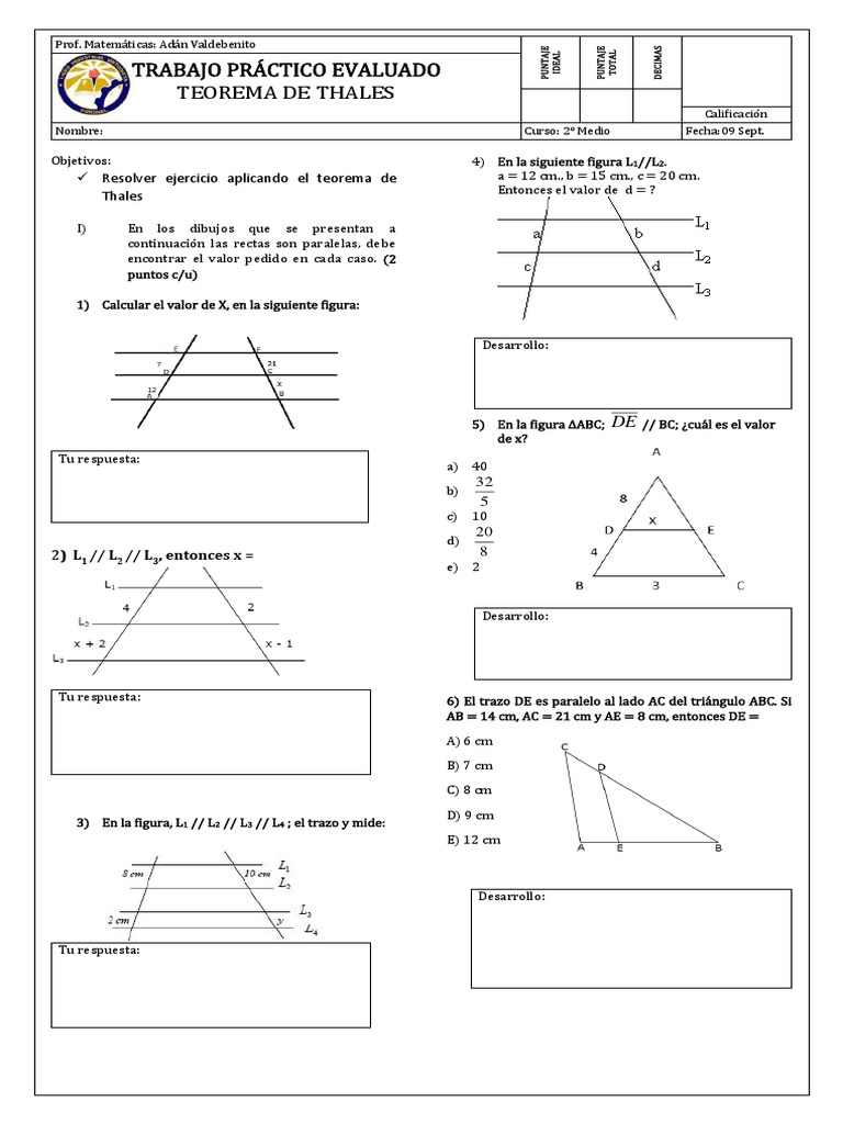 Practico Evaluado Primero Medio Teorema Thales | PDF | Enseñanza de matemática | Science