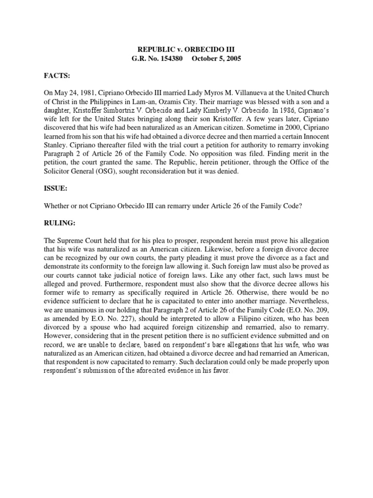 Republic V. Orbecido Iii G.R. No. 154380 October 5, 2005 Facts | PDF ...