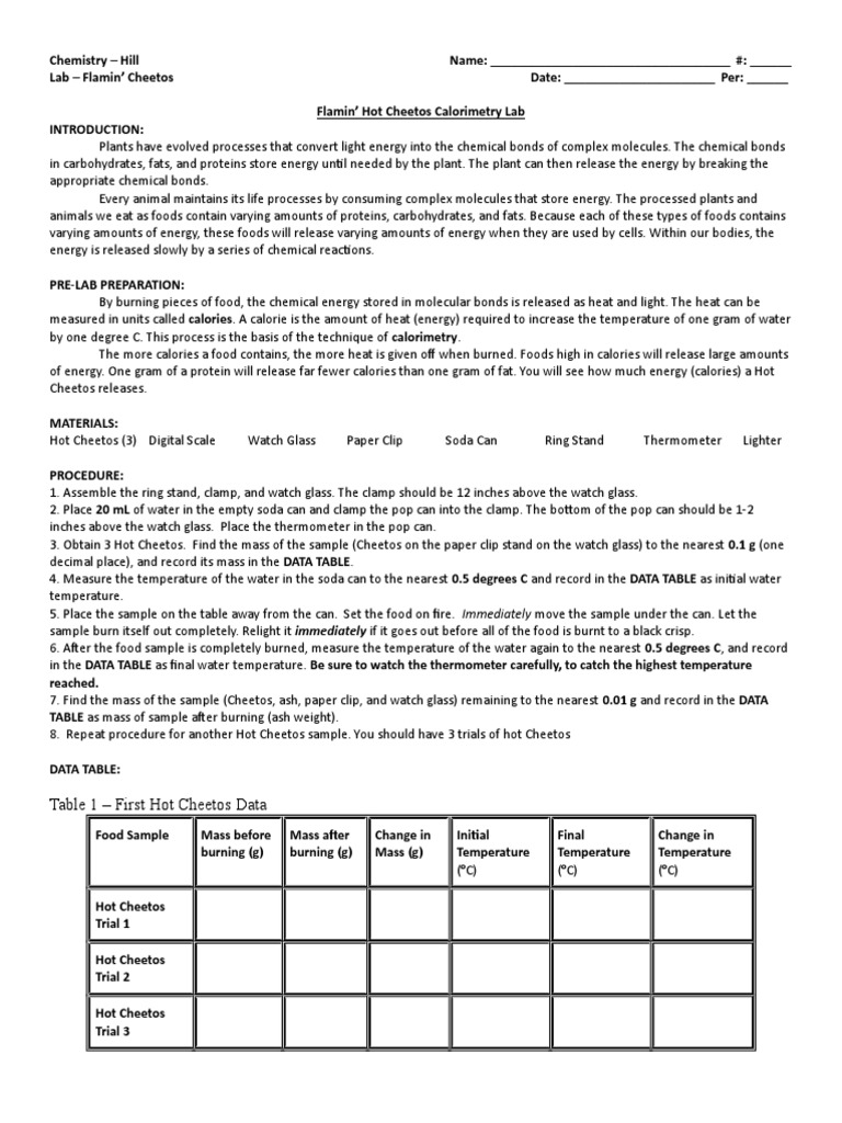 Hot Cheetos Lab | PDF | Calorie | Chemistry