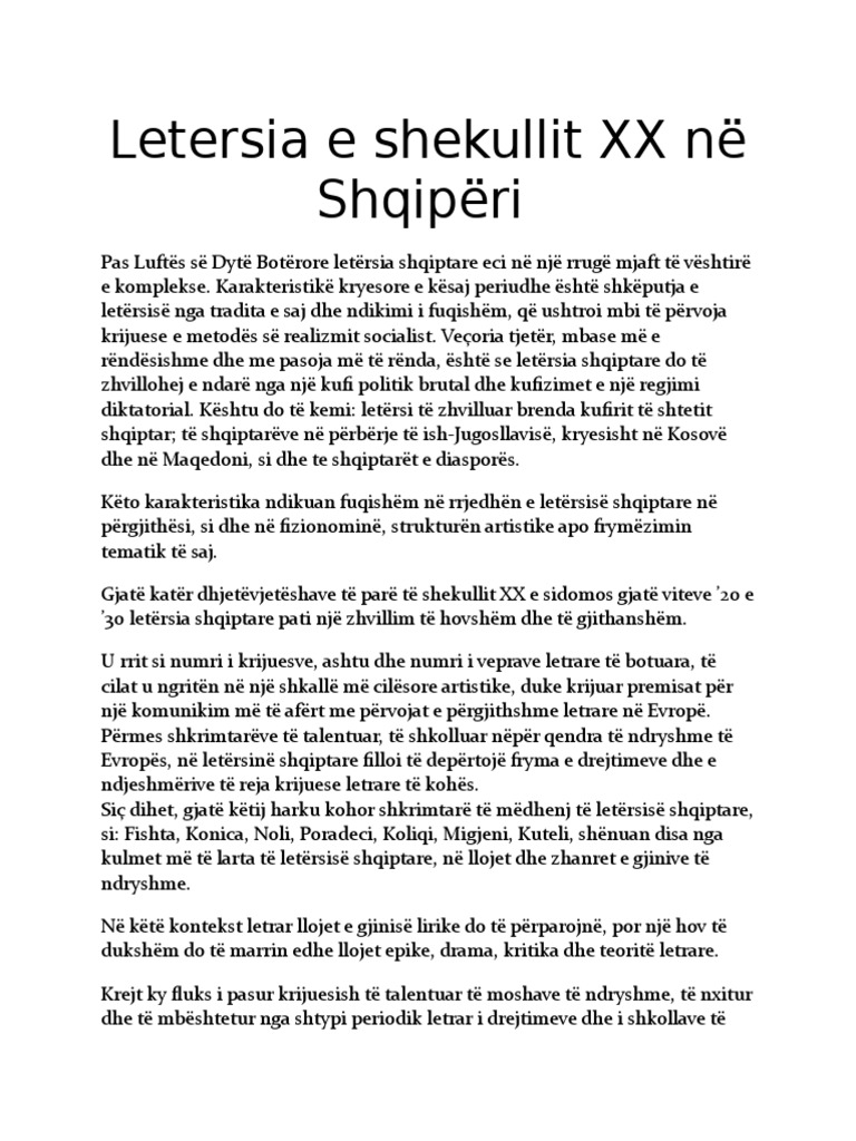 Letersia e Shekullit XX Në Shqipëri | PDF