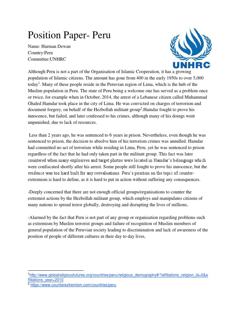 Position Paper UNHRC Peru | Download Free PDF | Hezbollah | Extremism