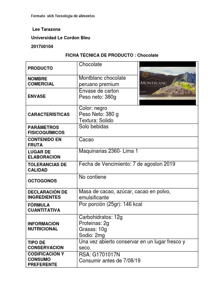 Ficha Tecnica Producto Chocolate | PDF