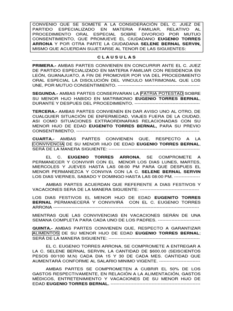 Convenio Por Mutuo Consentimiento | PDF | Divorcio | Gobierno